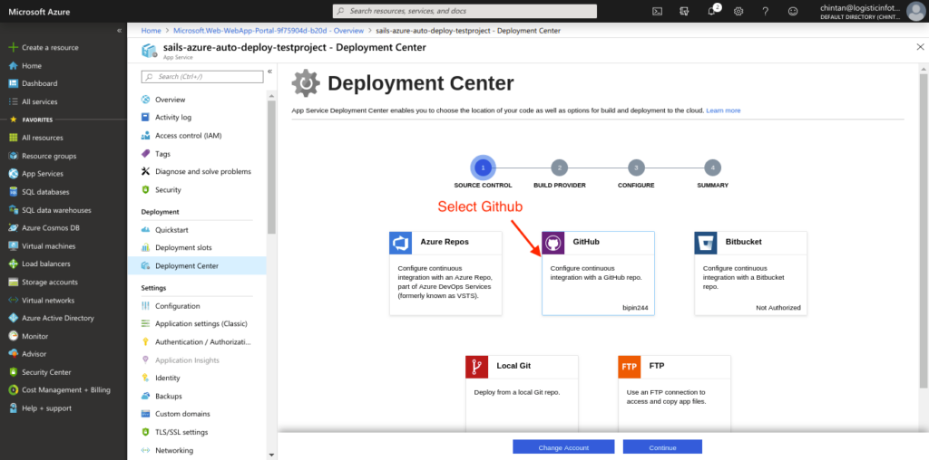 Deployment Center Github Connection - Logistic Infotech